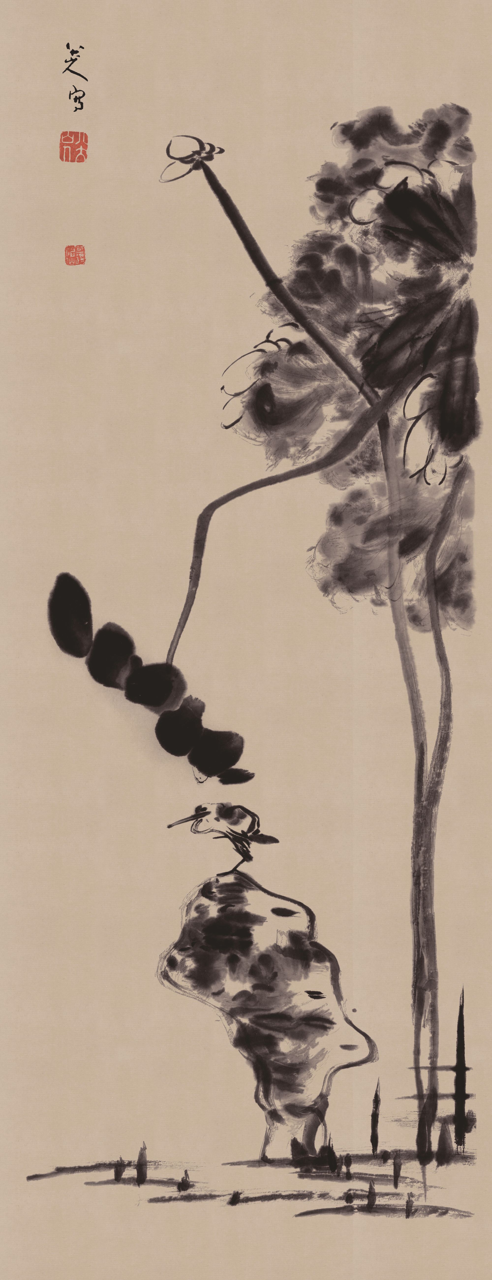 Lotus and bird (荷石水鸟图) | Zhu Da (朱耷) | Chinese Fine Art Gallery